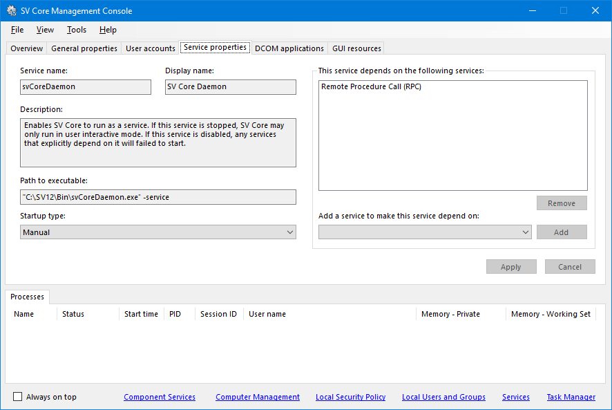 Using the SV Core Management Console to run PcVue as a Windows Service