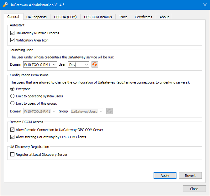 OPC UA gateway configuration - Administration Tool