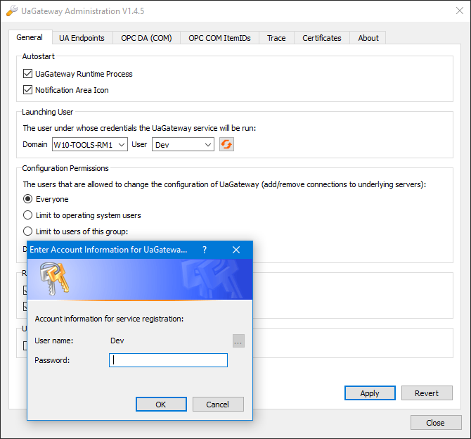 OPC UA gateway configuration - Administration Tool
