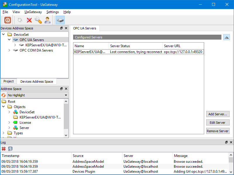 Adding an OPC UA server to the gateway