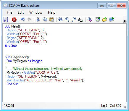 Using ALARMDISPLAY or LOGDISPLAY in a multi region project - PcVue PcVue
